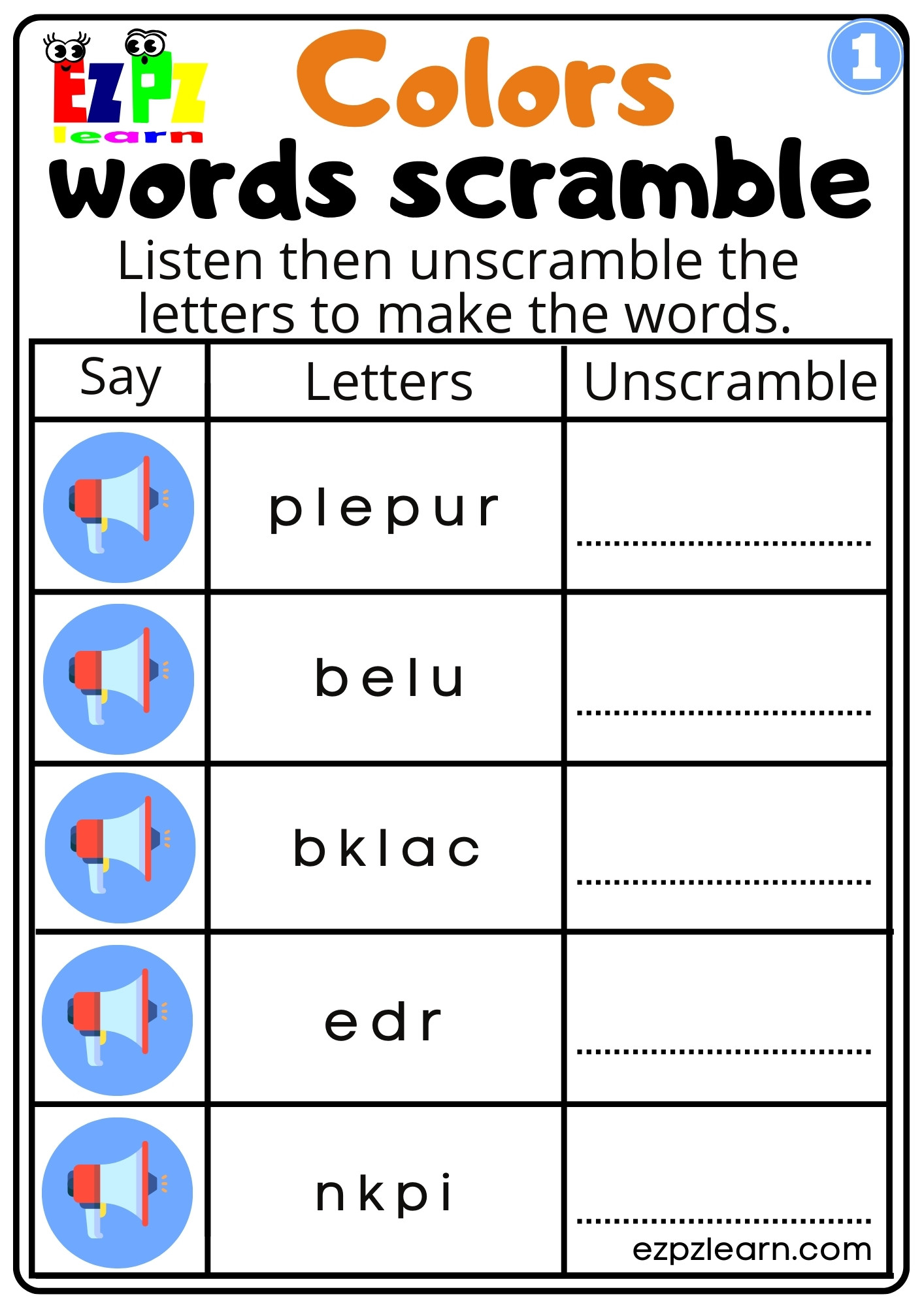 Interactive Colors Worksheet Listen, Unscramble and Write the Words Activity for Kids and ESL ...